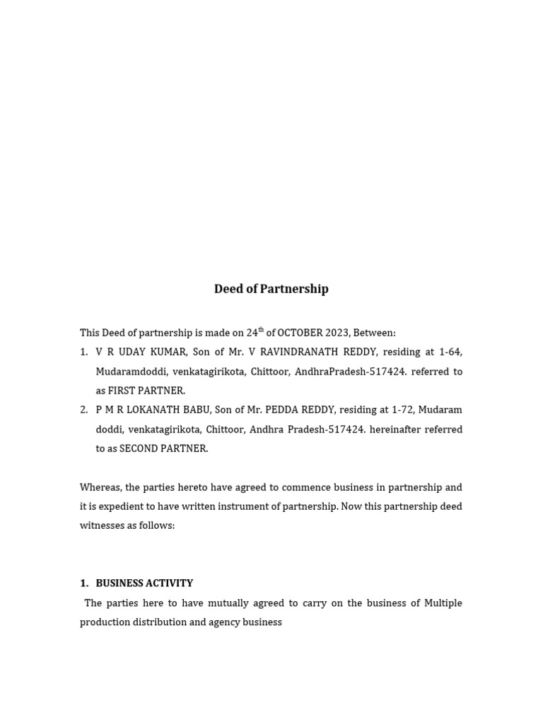 Partnership Deed Format PMR | PDF | Partnership | Balance Sheet