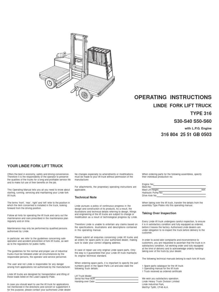 Operating Instructions: Linde Fork Lift Truck TYPE 316 S30-S40 S50-S60 ...