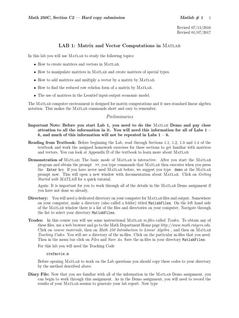 250C Lab1 | PDF | Matrix (Mathematics) | Matlab