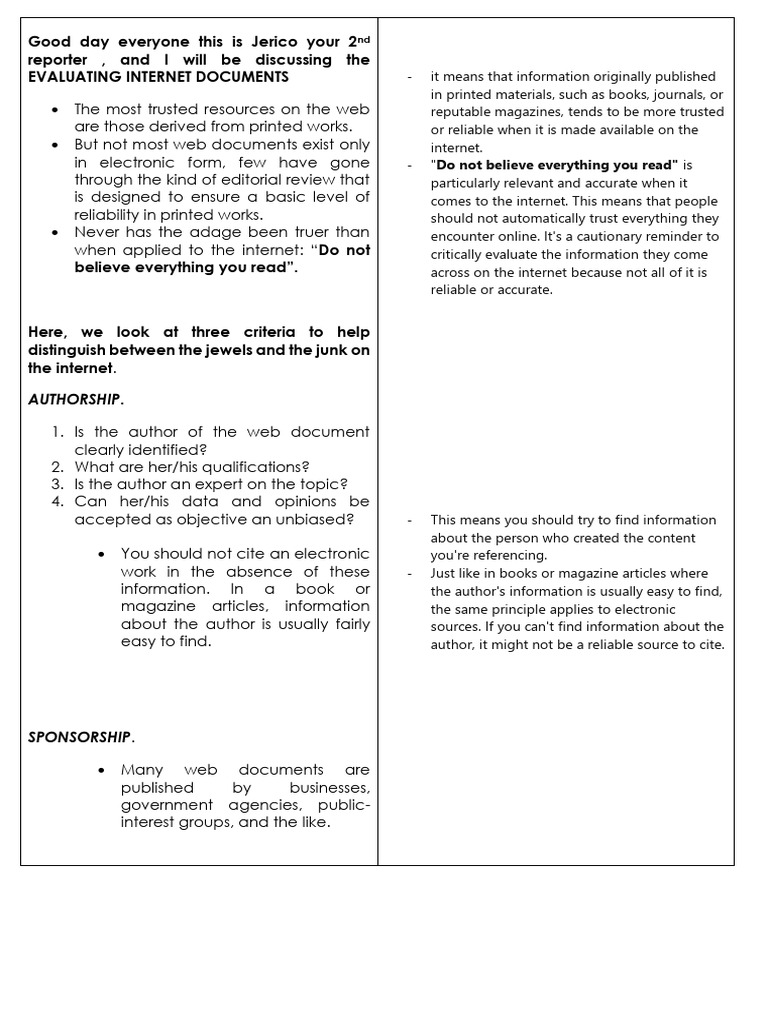 Evaluating Internet Documents 1 | PDF | Internet | World Wide Web