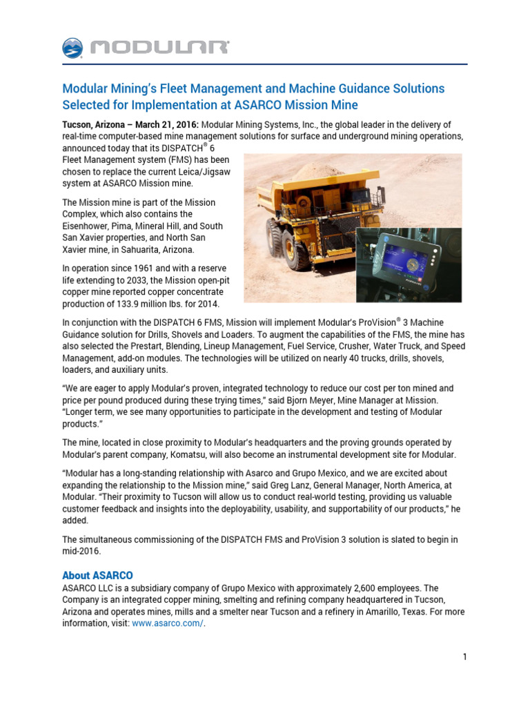 Modular-Mining Asarco Mission 3-16-16 FINAL | PDF | Mining | Secondary ...
