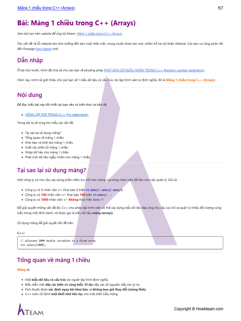 HOWKTEAM.VN - Mảng 1 chiều trong C++ (Arrays) | PDF