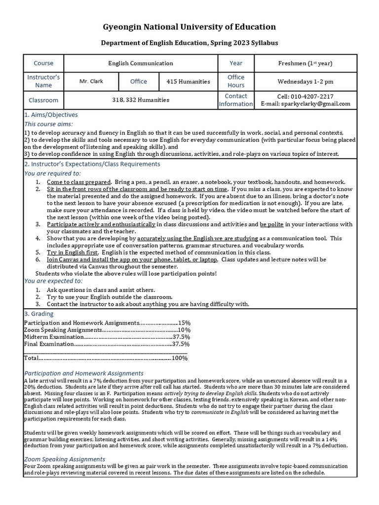 Spring 2023 English Communication Syllabus 2 | PDF | Teachers ...