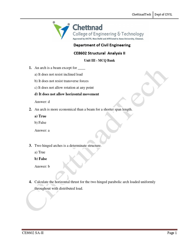 Arches MCQ | PDF | Structural Load | Bending