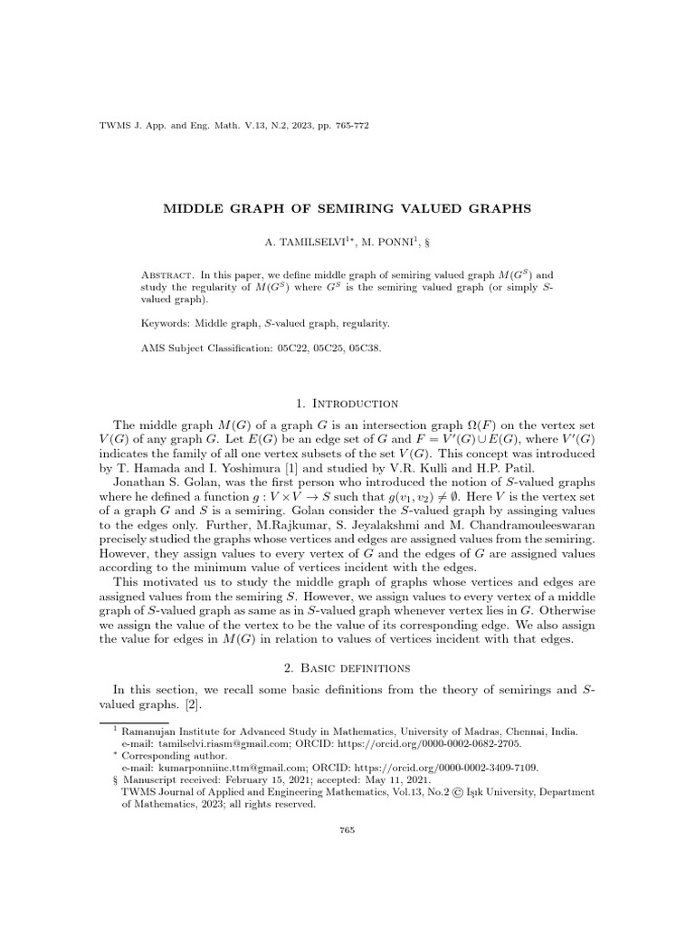 Middle Graph of Semiring Valued Graphs | PDF | Vertex (Graph Theory) | Matrix (Mathematics)