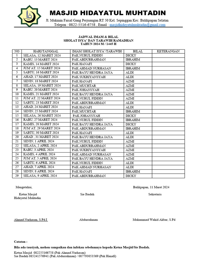 Jadwal Imam & Bilal Masjid Hidayatul Muhtadin 2024 | PDF