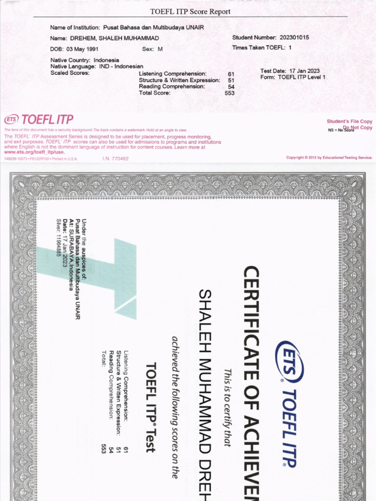 SHALEH MUHAMMAD DREHEM_TOEFL ITP | PDF