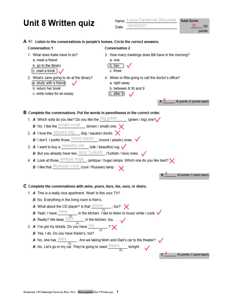 Unit 8 Written Quiz Answers | PDF