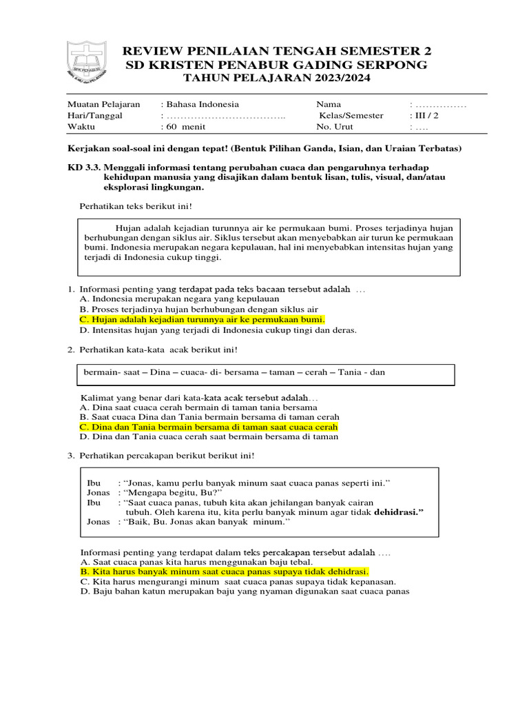P3 Penabur Bindo Review PTS Sem 2 2024 Answer Key | PDF | Seni & Disiplin Bahasa | Sains ...