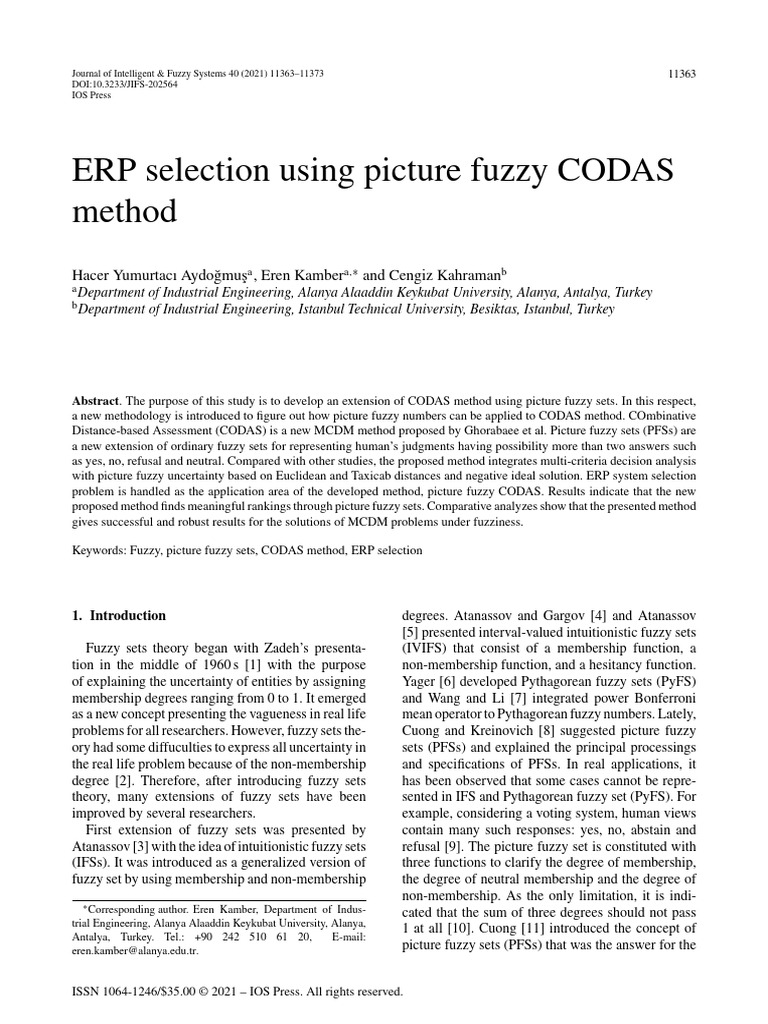 ERP Selection Using Picture Fuzzy CODAS Method | PDF | Fuzzy Logic | Enterprise Resource Planning