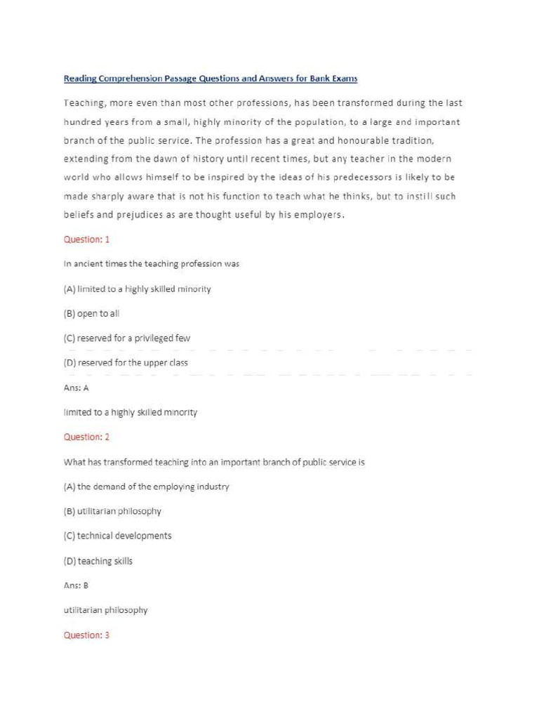 Reading Comprehension Passage Questions Bank Exams | PDF