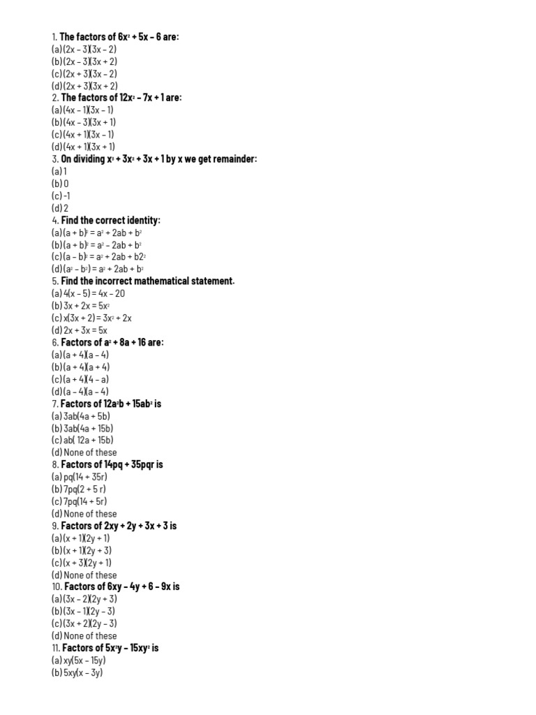Factorisation Class 8 Pdf Factorization Mathematics