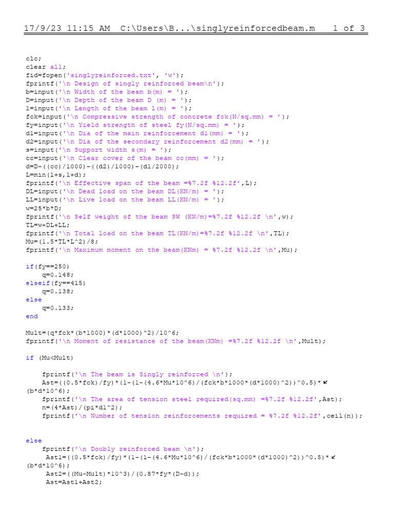 Matlab Code For The Design of An RCC Beam Using IS 456-2000 | PDF | Civil Engineering | Building ...