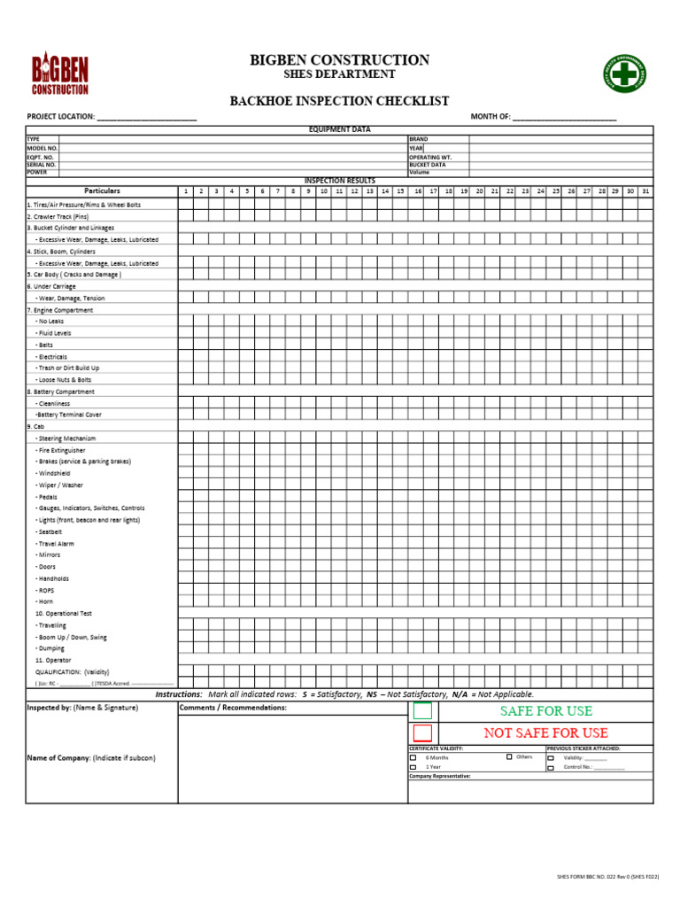 Backhoe Inspection Checklist Shesf022 | PDF | Vehicle Technology | Transport