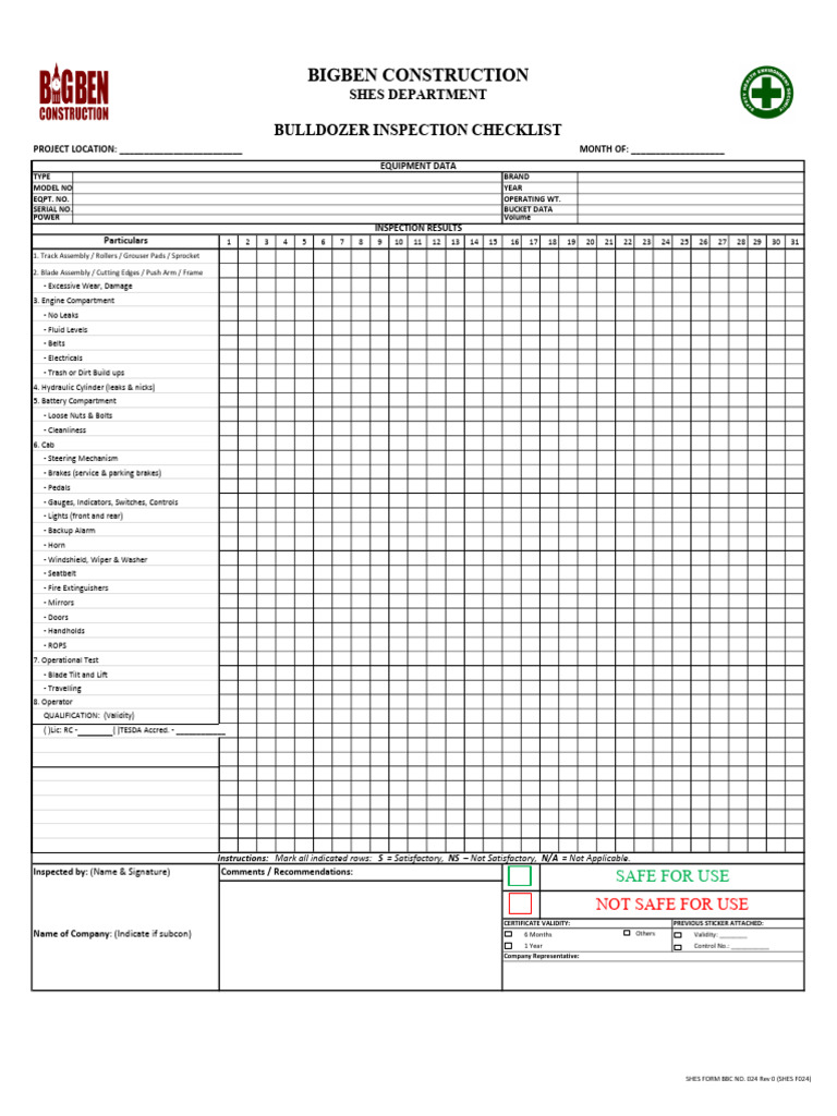 Bulldozer Inspection Checklist Shesf024 | PDF | Automotive Technologies | Vehicles