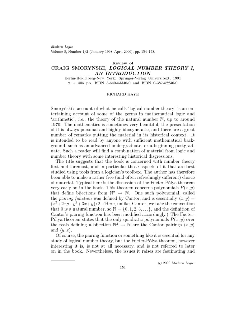 Review of Logical Number Theory I | PDF | Mathematical Logic | Number ...
