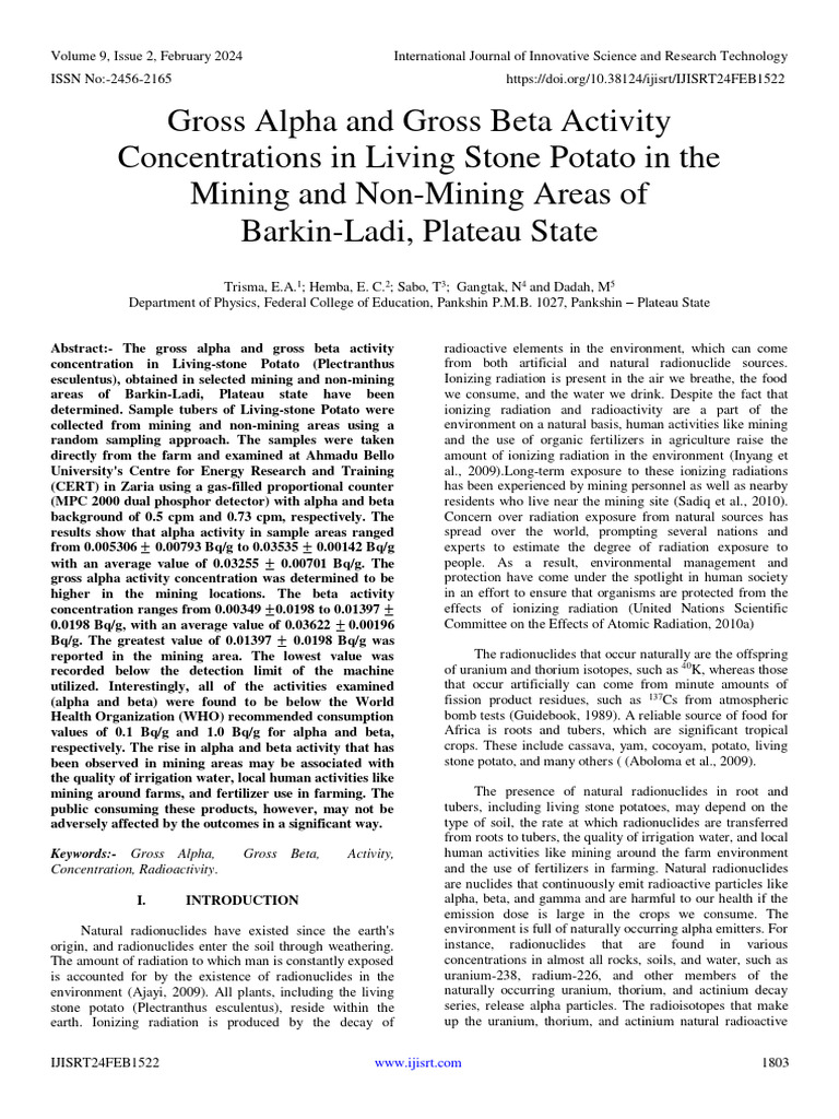 Gross Alpha and Gross Beta Activity Concentrations in Living Stone ...
