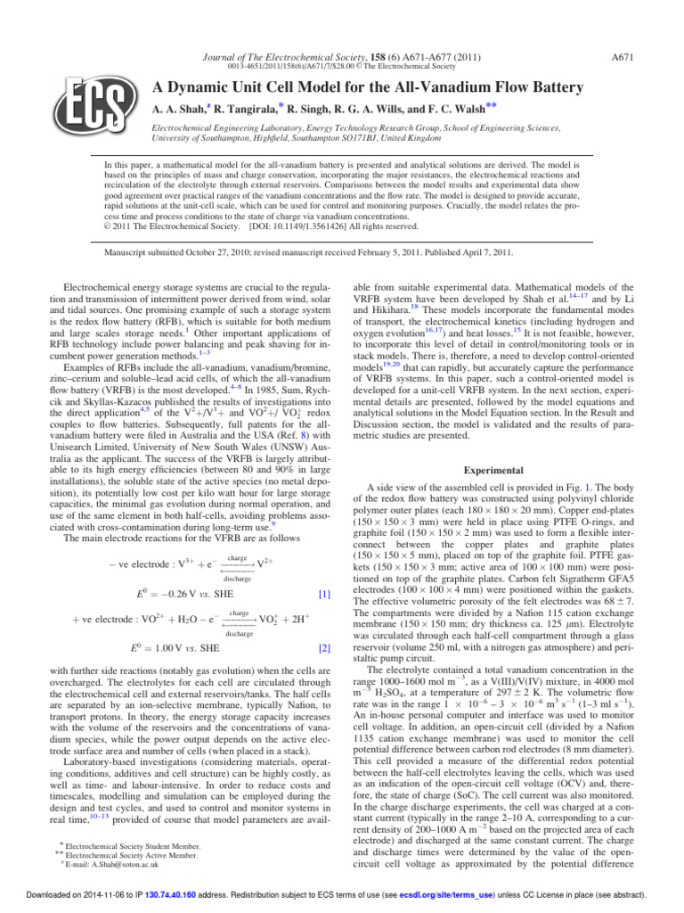 2011 A Dynamic Unit Cell Model For The All-Vanadium Flow Battery | PDF | Electrochemistry ...
