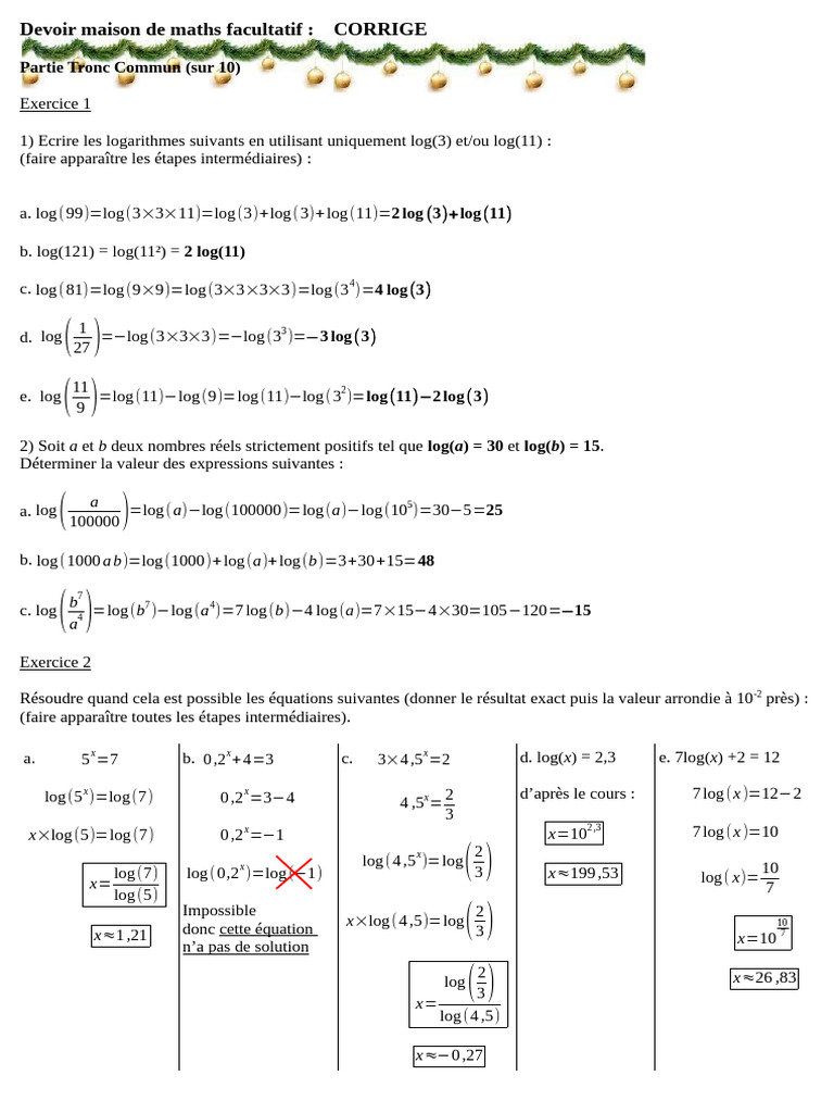 Corrigé d'exercices de logarithmes et fonctions | PDF | Fonction (Mathématiques) | Tangente ...
