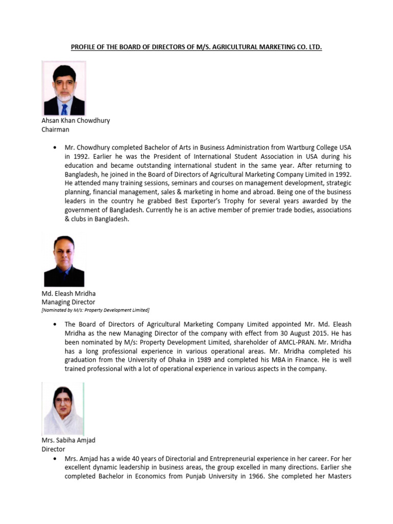 AMCL Profile of BoD | PDF | Accountant | Business