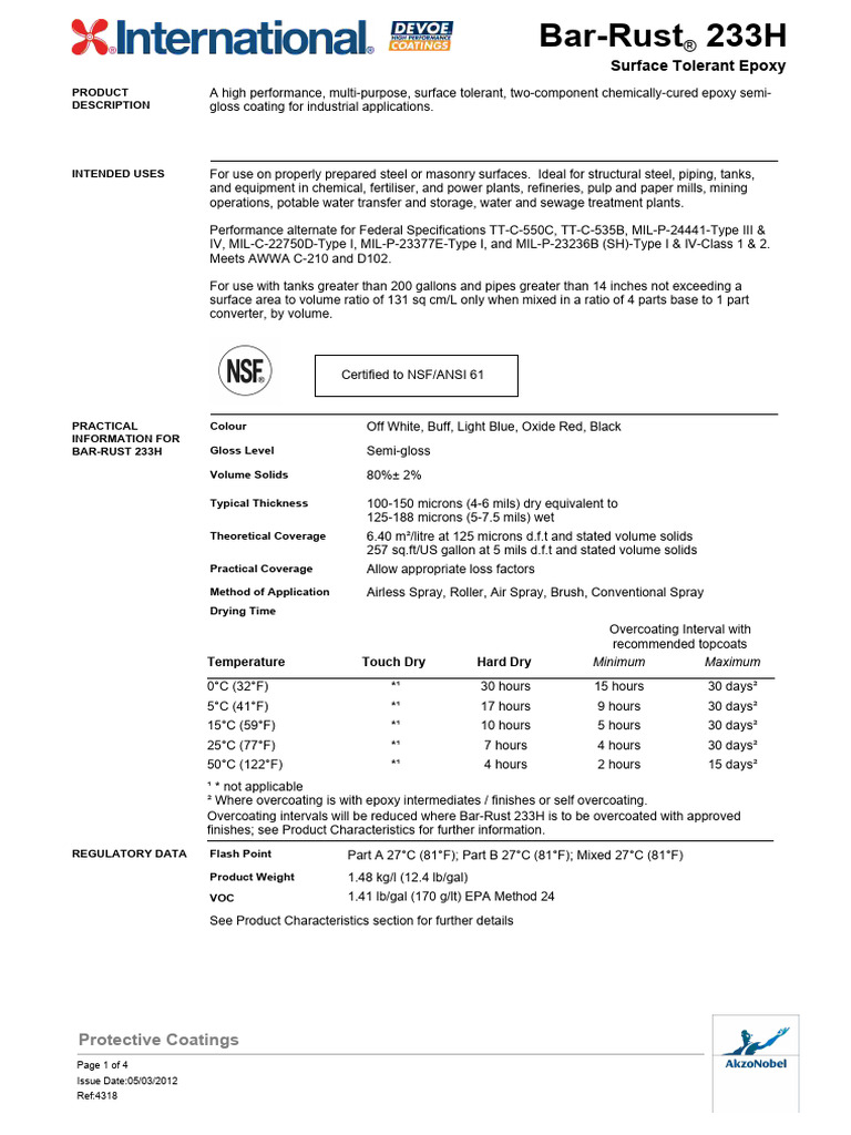 Bar-Rust 233H Surface Tolerant Epoxy | PDF | Concrete | Paint
