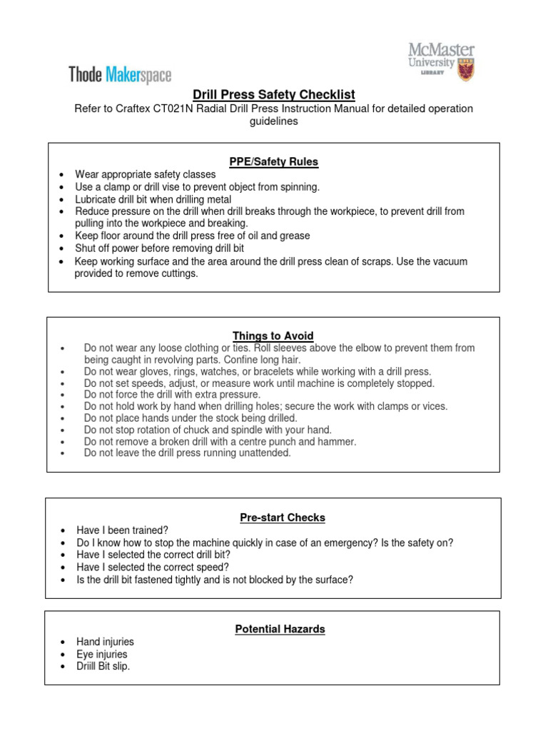 Drill Press Safety Checklist | PDF