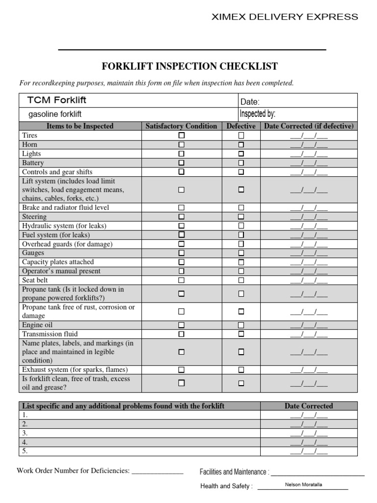 TCM Forklift Inspection Checklist | PDF | Forklift | Vehicles
