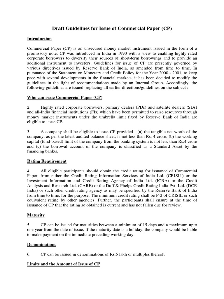Draft Guidelines For Issue of Commercial Paper (CP) | PDF | Reserve ...