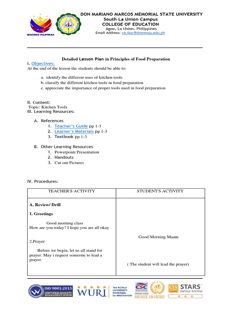 Food Preparation Lesson Plan | PDF | Spoon | Cooking
