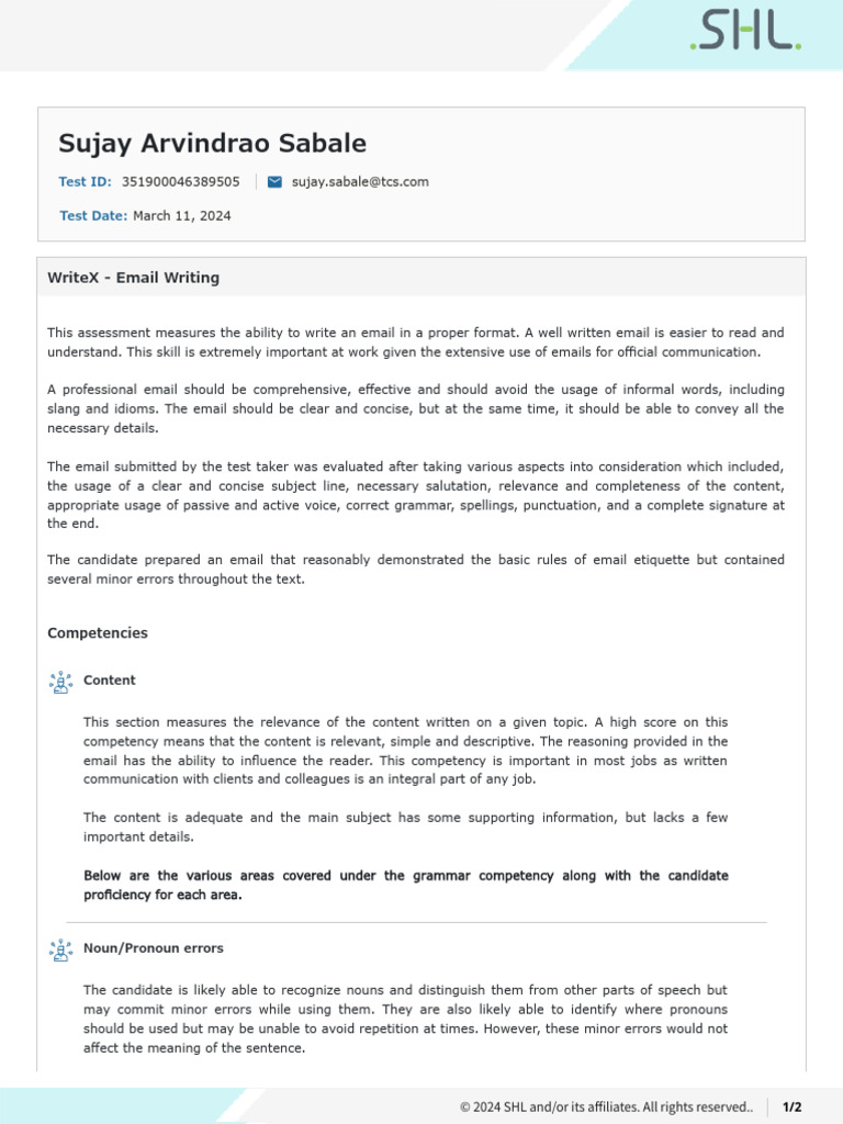 Sujay Arvindrao Sabale TCSAssessmentReportWriteX98 222 | PDF | Adjective | Verb