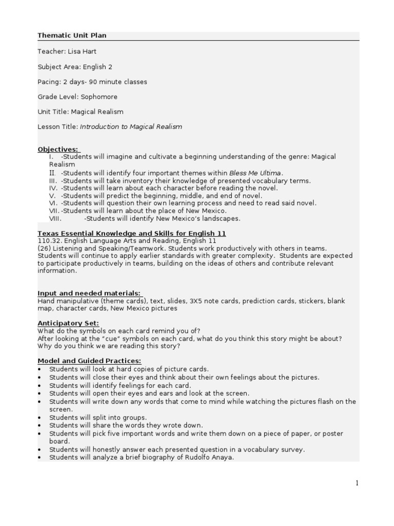 Thematic Unit Plan | PDF | English Language | Reading (Process)