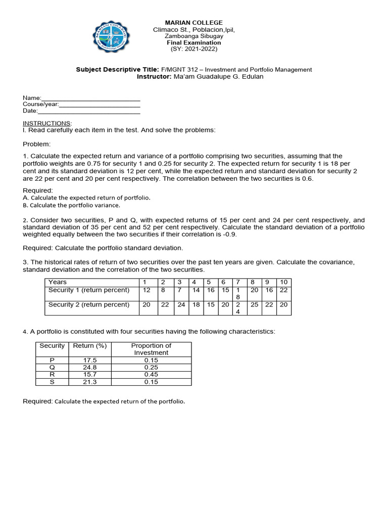 FMGNT 312 FINAL EXAM Portfolio Analysis | PDF | Standard Deviation | Variance