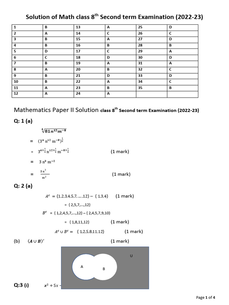Mathematics 8TH Paper Key 2022-23 | PDF | Mathematics