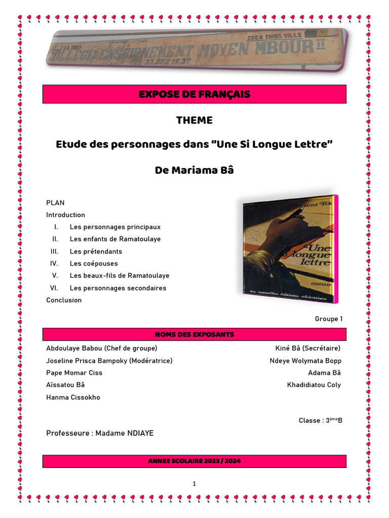 Étude des personnages de Mariama Bâ | PDF