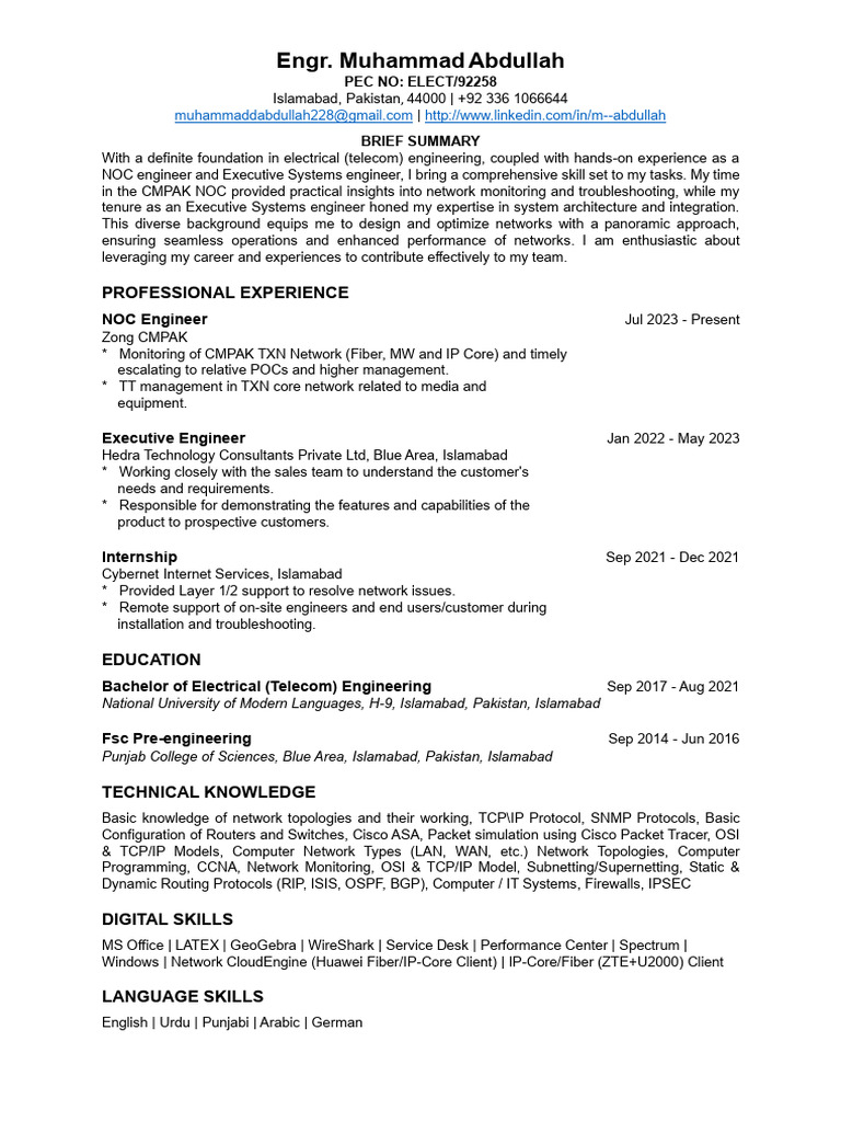 Muhammad Abdullah - Resume | PDF | Computer Network | Internet Protocol Suite