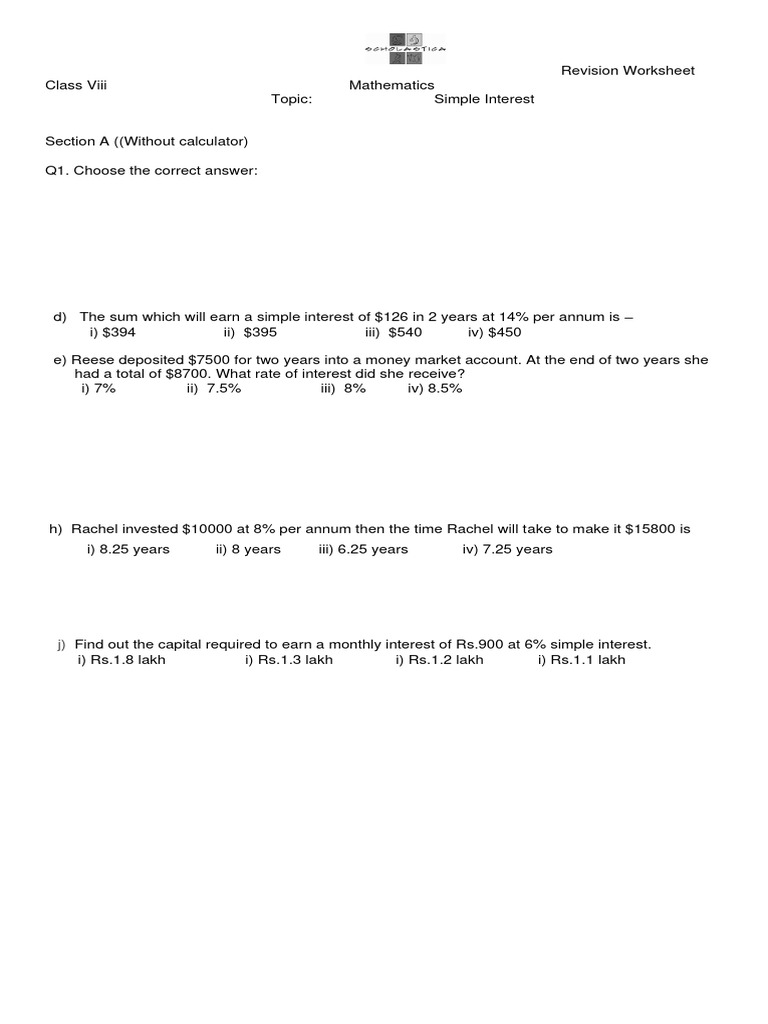Simple Interest Problems for Class 7 | PDF | Interest | Percentage