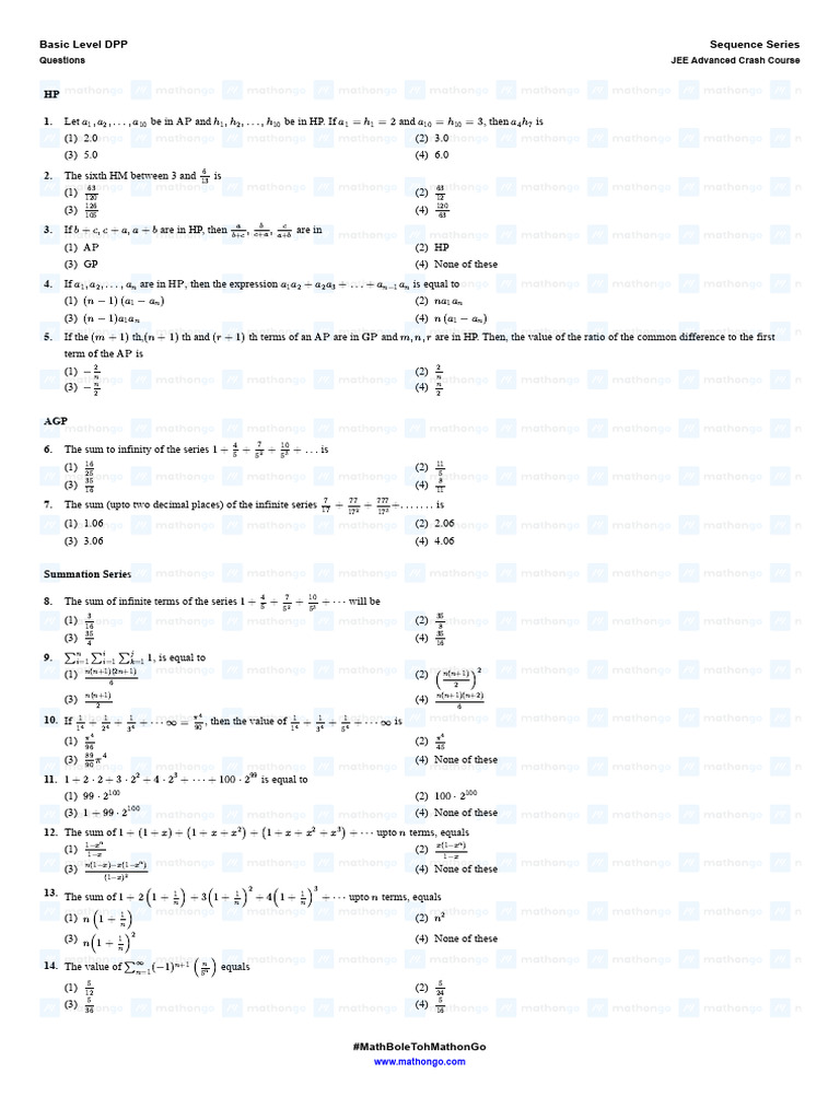 Question Basic Level DPP Sequence Series JEE Advanced Crash Course MathonGo | PDF | Discrete ...