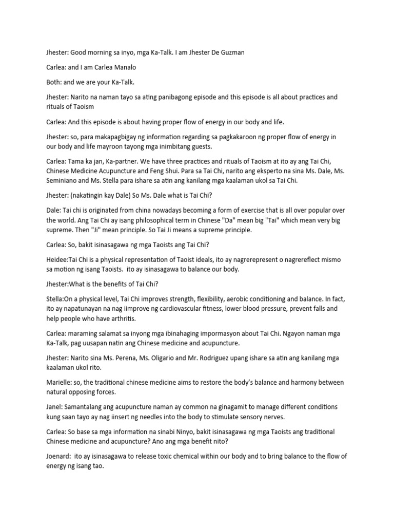 Script For Talkshow in Religion | PDF | Qi | Tai Chi