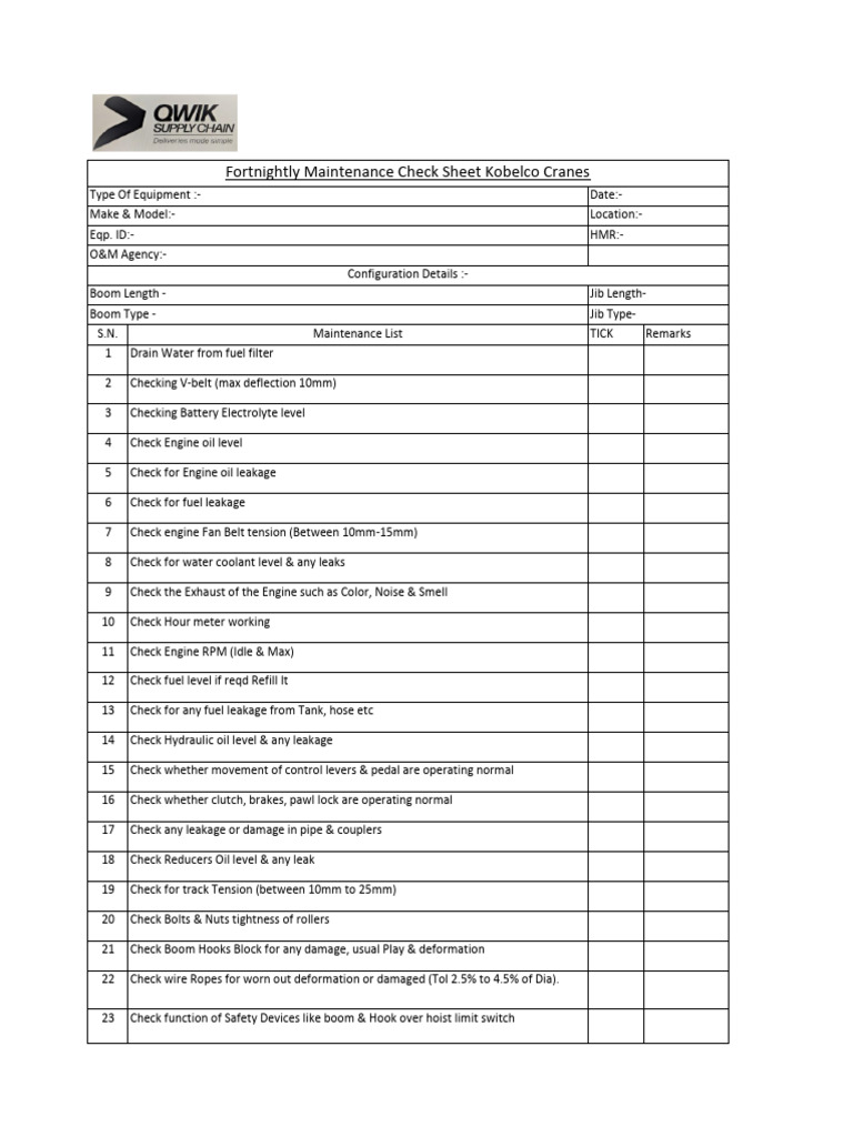 FORTNIGHTLY_CHECKLIST_KOBELCO CRANES | PDF | Crane (Machine) | Leak