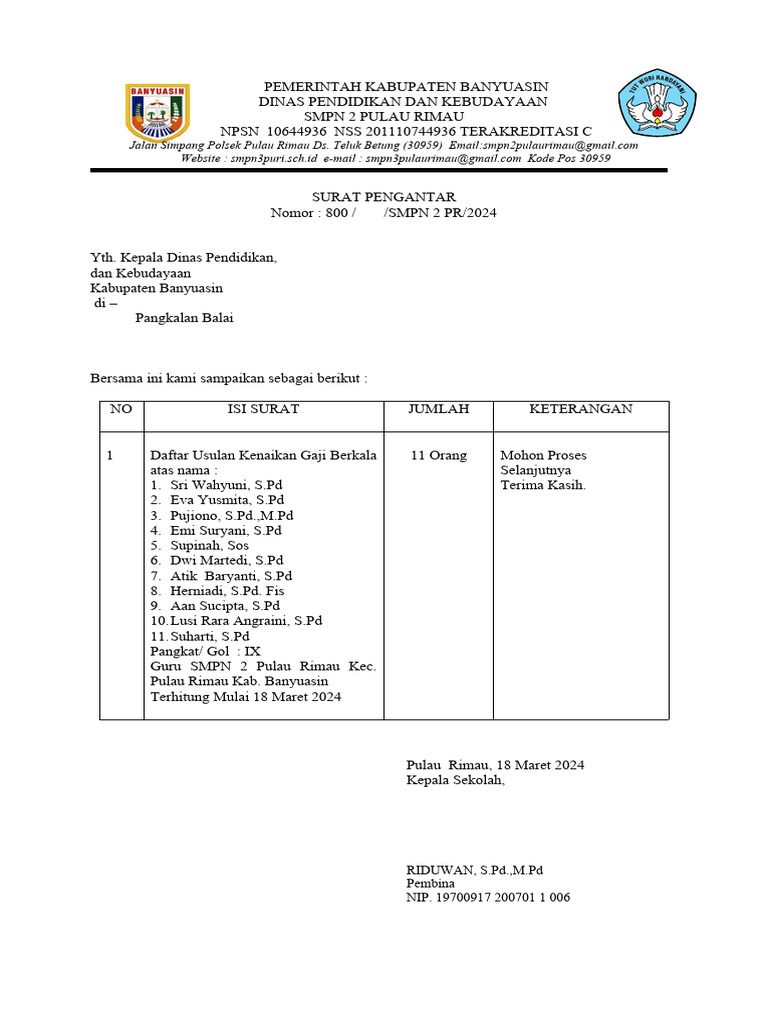 Surat Pengantar Kenaikan Gaji Berkala - BUK SUPINAH DAN BUK EMI | PDF