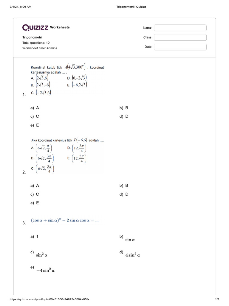 Trigonometri - Quizizz1 | PDF | Trigonometry | Triangle Geometry