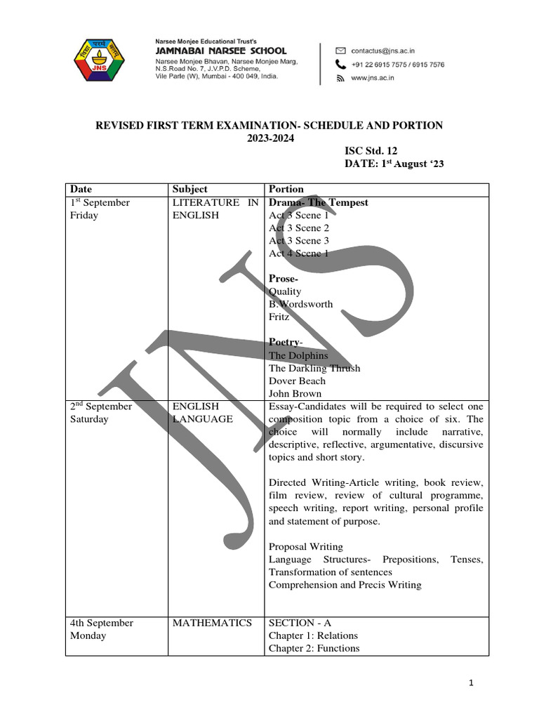 Revised First Term Examination-Schedule and Portion 2023-2024 ISC Std. 12 Date: 1 August 23 Date ...