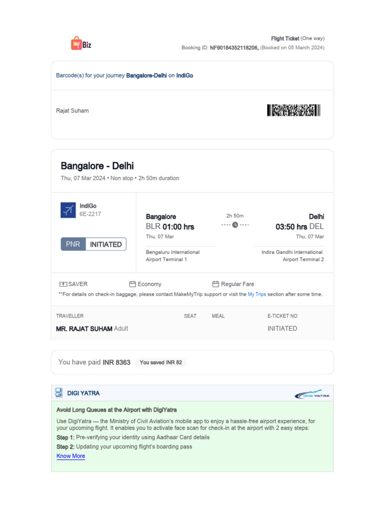 Rajat Suham Return Ticket | PDF | Identity Document | Airport