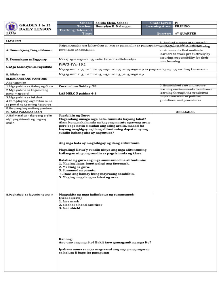COT Filipino 4 4th quarter | PDF