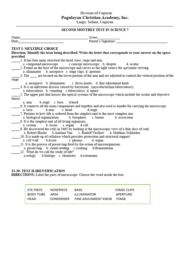 Second Monthly Test in Science 7 | PDF | Microscope | Optics