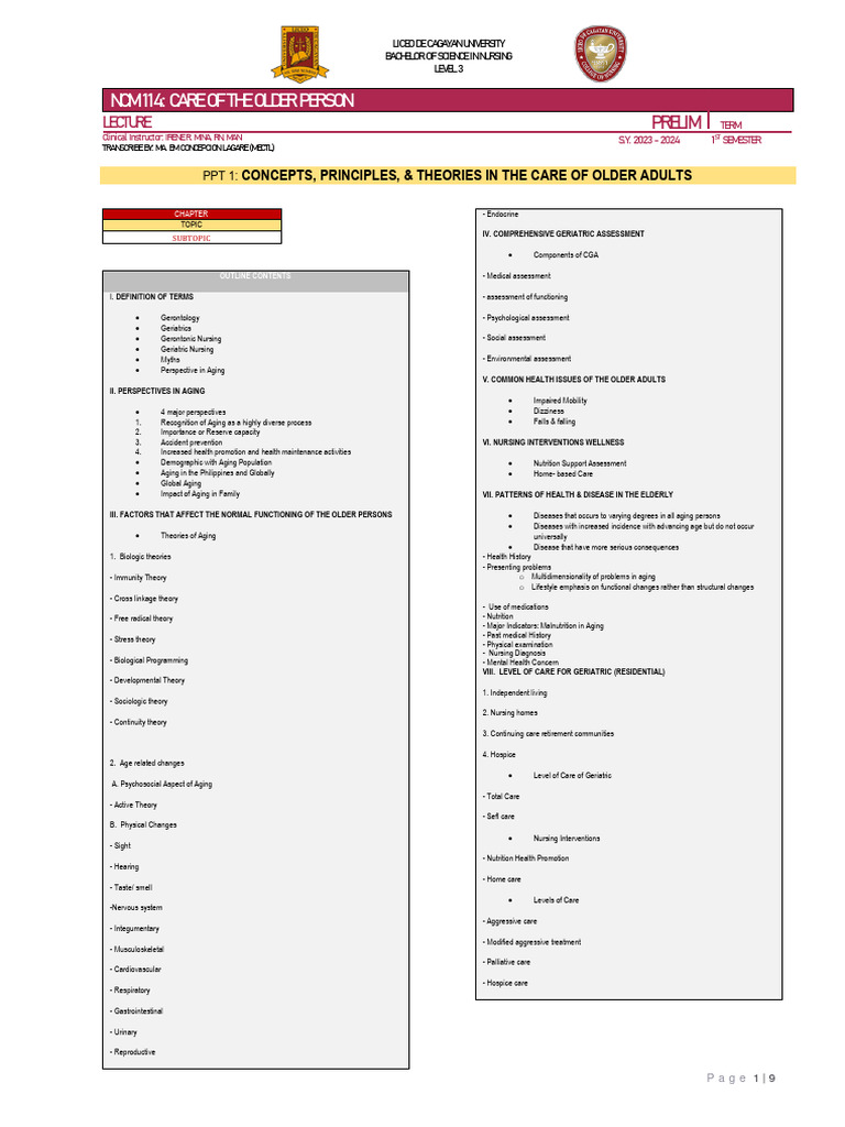 NCM 114 - Prelim Notes Final | PDF | Geriatrics | Ageing