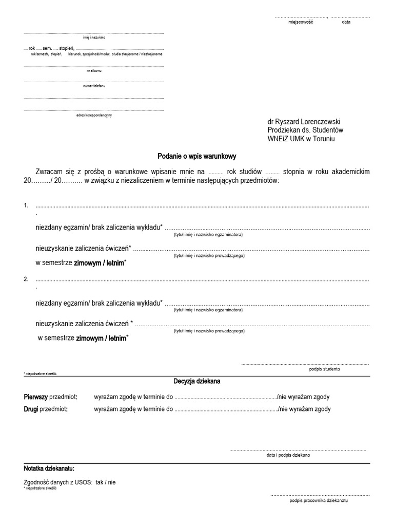 Wniosek o Wpis Warunkowy RL Ns | PDF