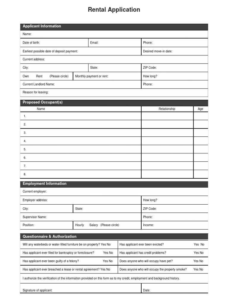 Rental Application Form Template | PDF