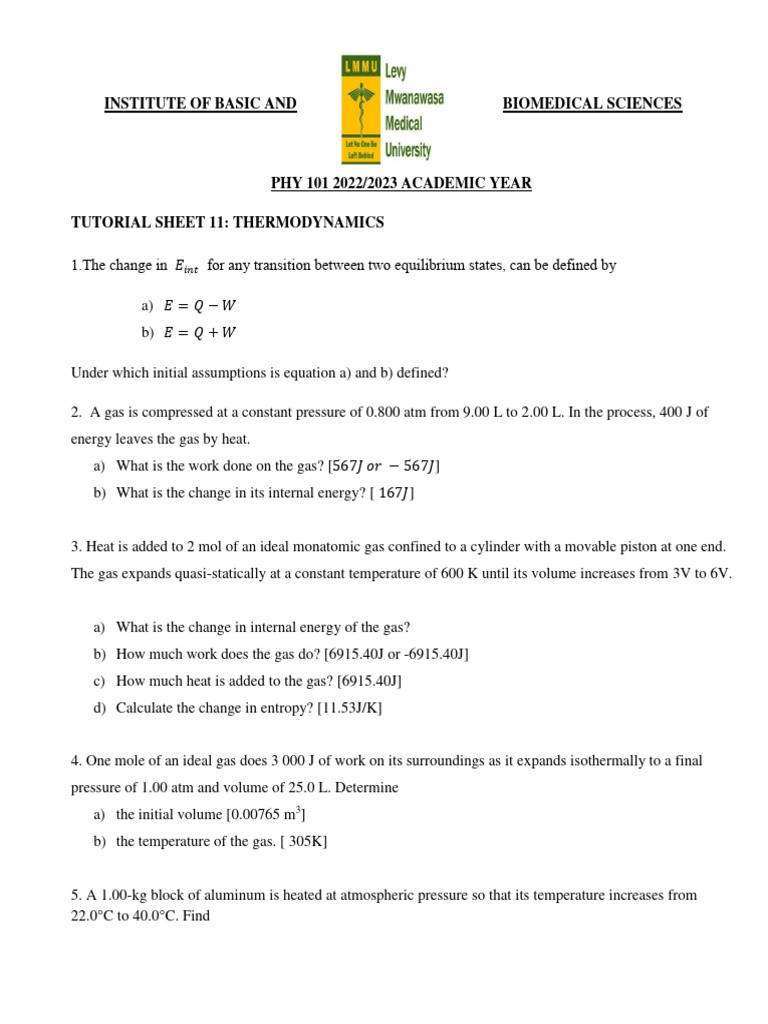 Tutorial Sheet 11 | PDF | Heat | Gases