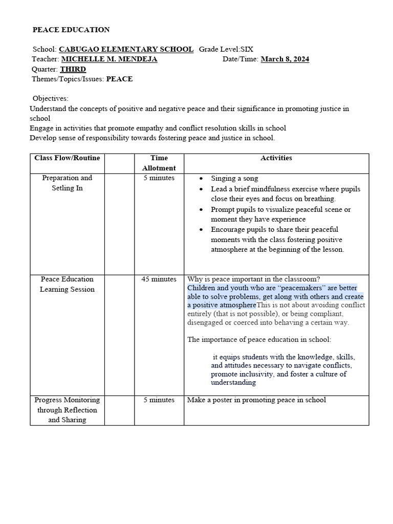 Peace Education Curriculum for Grade Six | PDF | Teachers | Behavioural ...